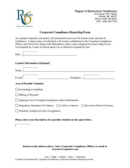Corporate Compliance Reporting Form | Region 6 Corporate Compliance Reporting Form | Region 6