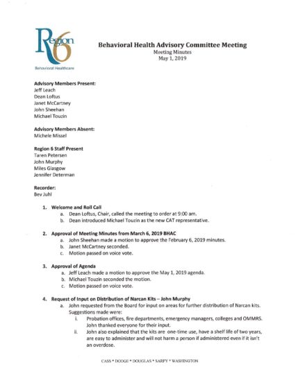 Behavioral Health Advisory Committee Meeting Minutes | Region 6