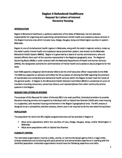 Revised Request for Letter of Interest Recovery Housing | Region 6